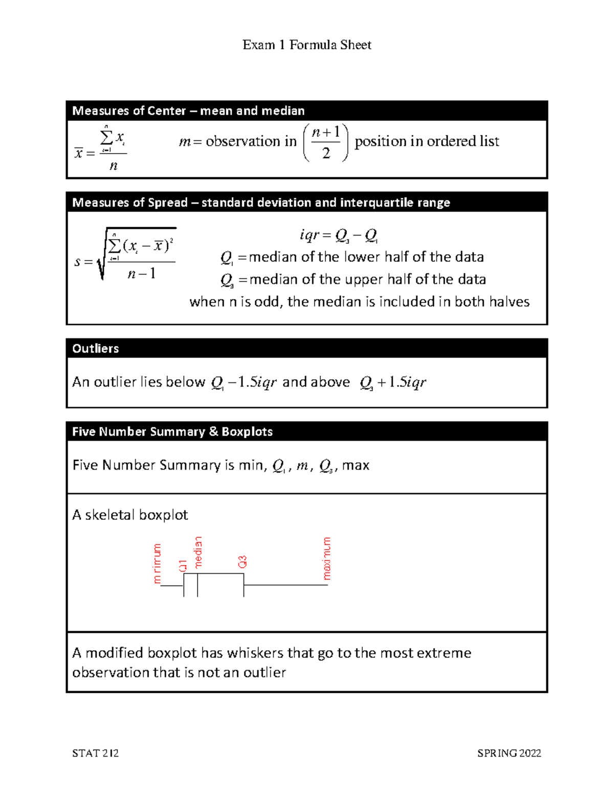 2021F STAT212 Formula 1 - Exam 1 Formula Sheet STAT 212 SPRING 2022 ...