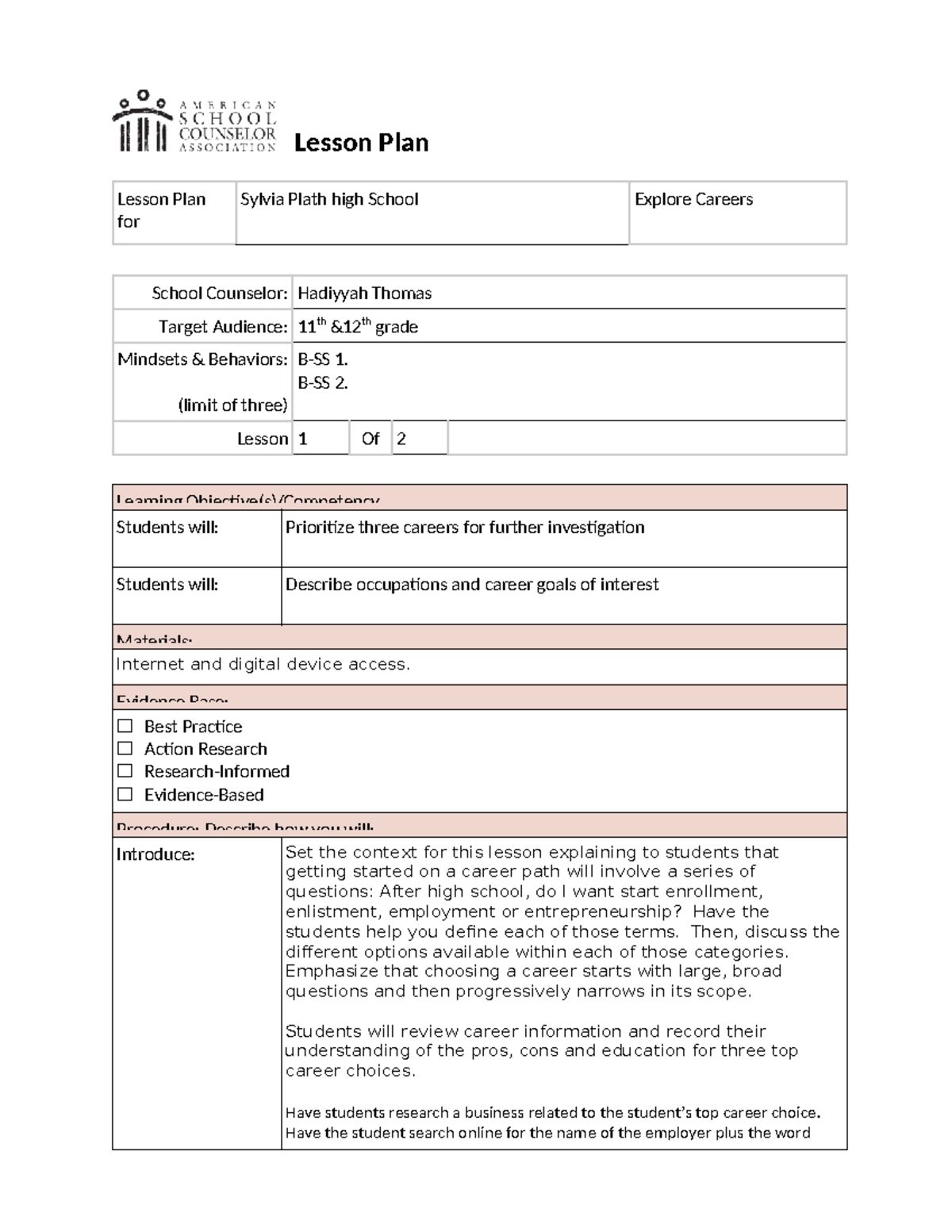 Cf ASCA lesson plan 4th HS - Lesson Plan Lesson Plan for Sylvia Plath ...