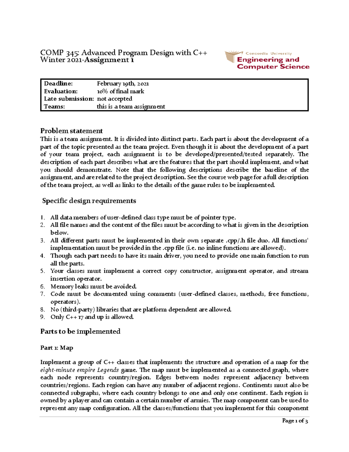 COMP345 W2021 A1 - assignment 1 - COMP 345: Advanced Program Design with C++ Winter 2021 ...