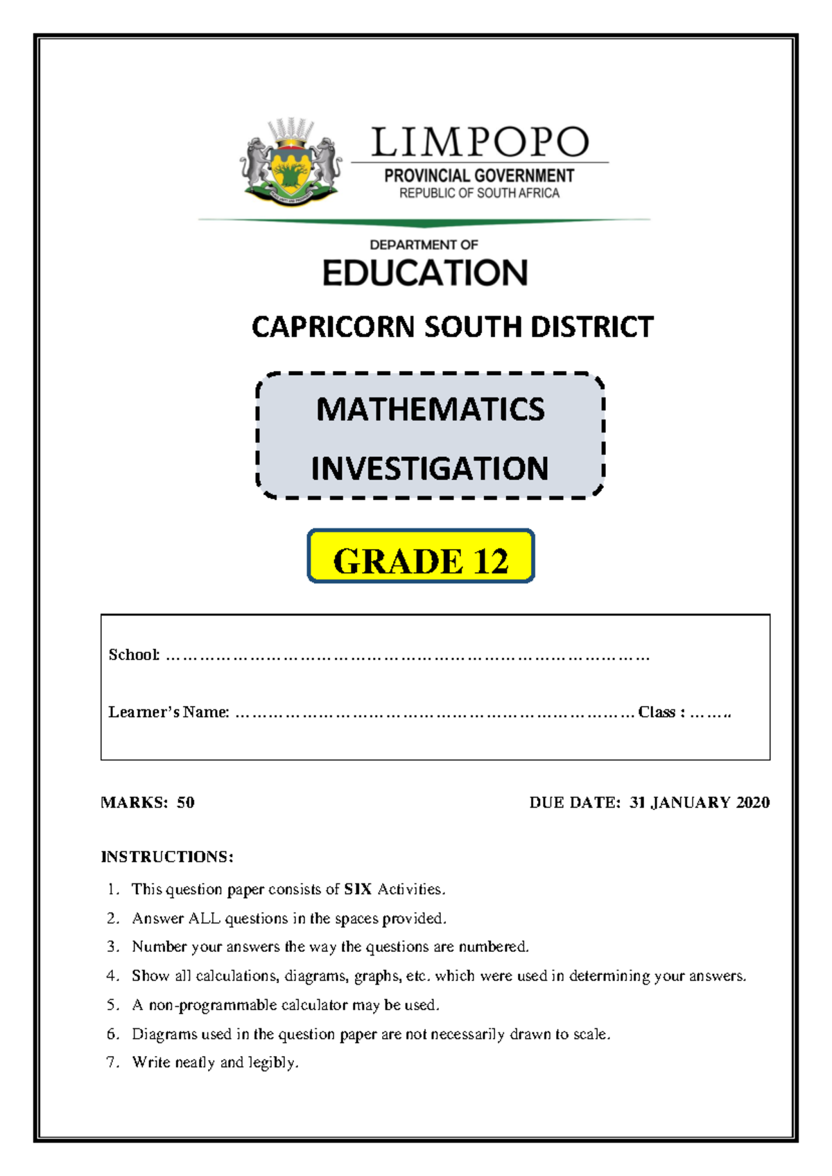Grade 12 Maths Investigation Capricorn South District Limpopo Jan 2020 Capricorn South