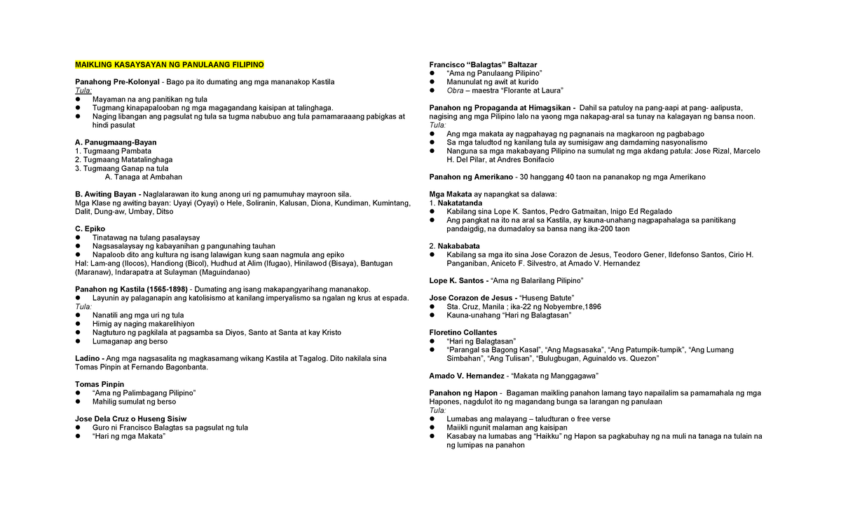 Panulaang filipino - reviewer - MAIKLING KASAYSAYAN NG PANULAANG FILIPINO Panahong Pre-Kolonyal ...