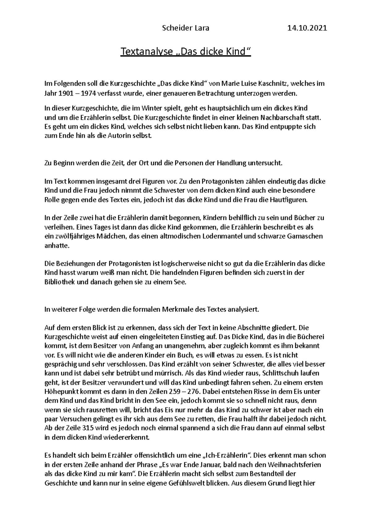 Textanalyse zu dem ausgangs Text "Das dicke Kind" - Scheider Lara 14 ...