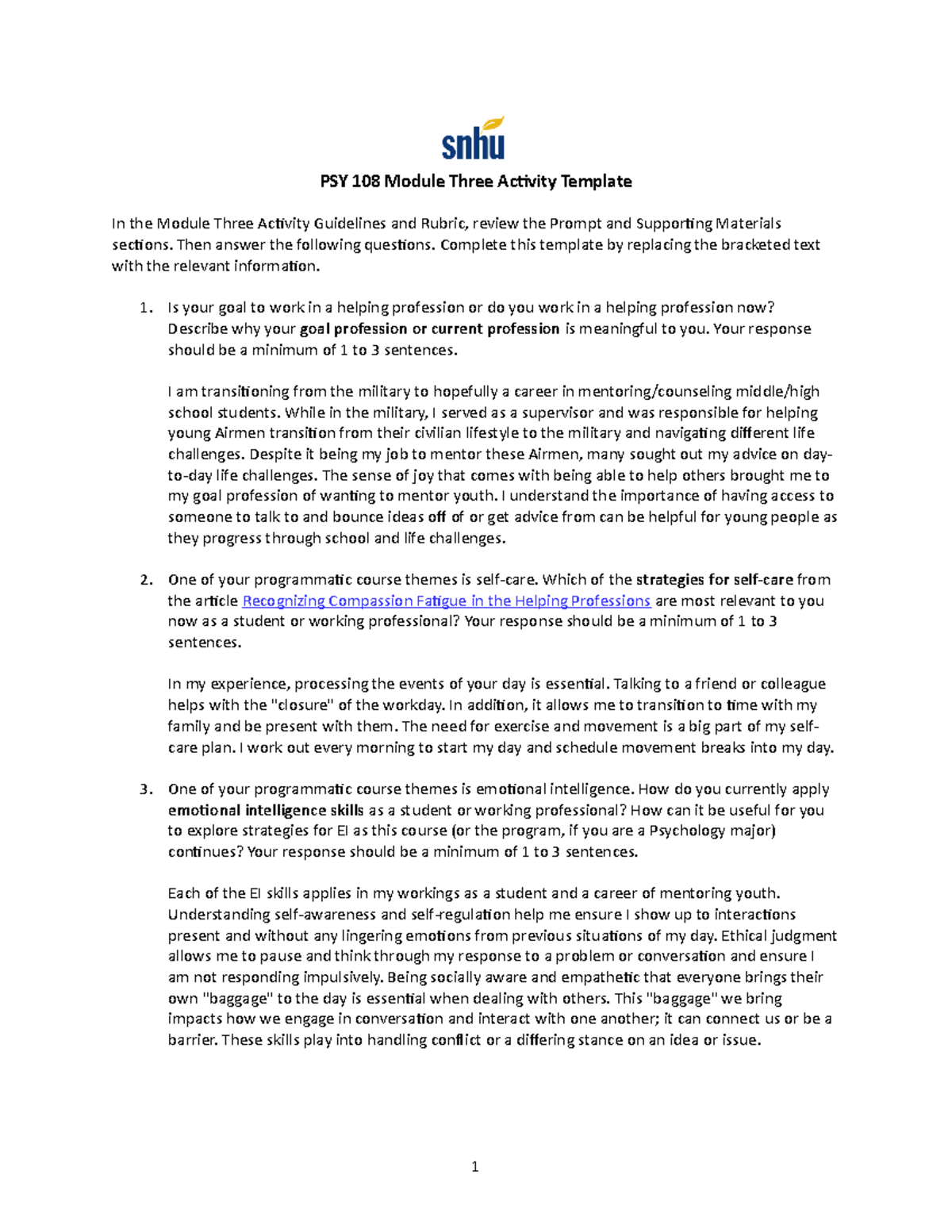 PSY-108 Module 3 Activity - PSY 108 Module Three Activity Template In ...