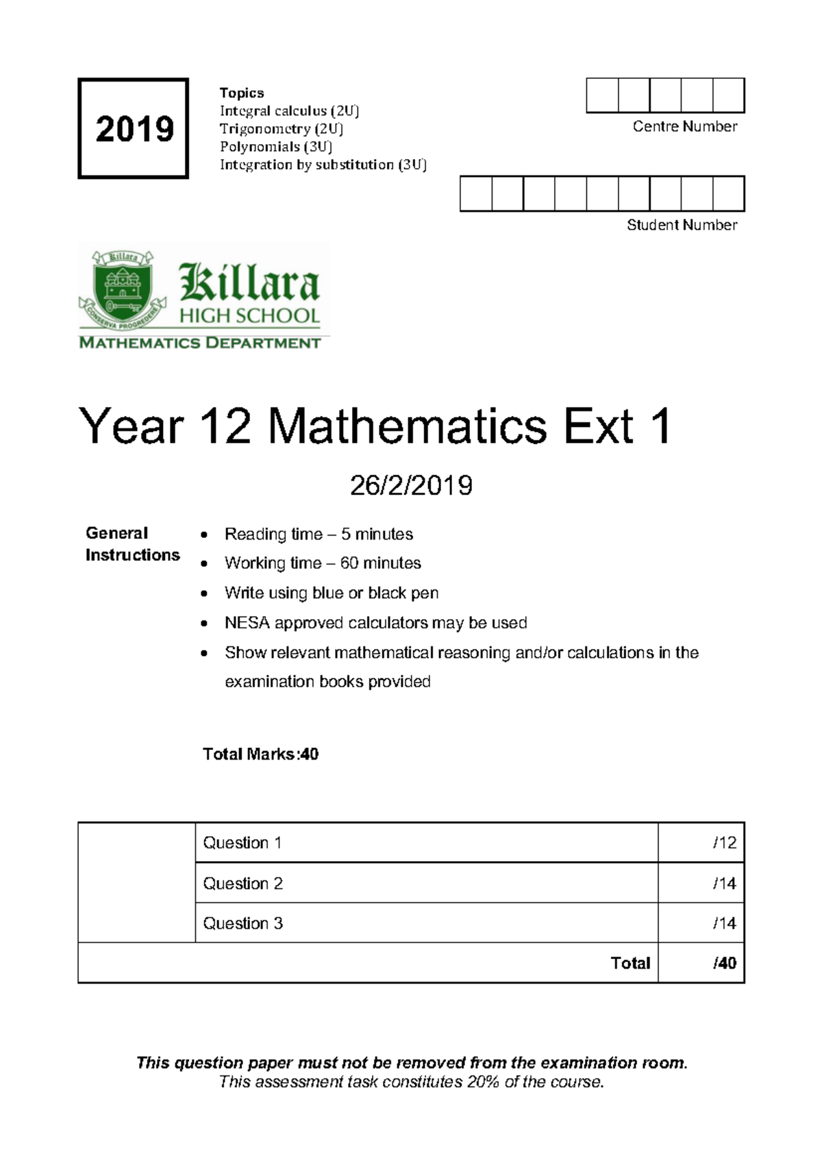 2019 HSC Ext 1 Task 2 - Killara High School Past Paper Ext 1- 2019 ...