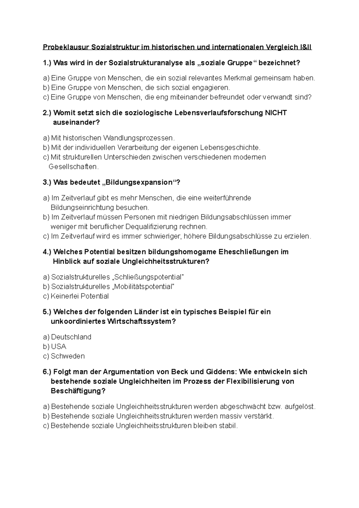 Probeklausur 3 August Sommersemester 2017, Fragen - Probeklausur Sozialstruktur im historischen ...