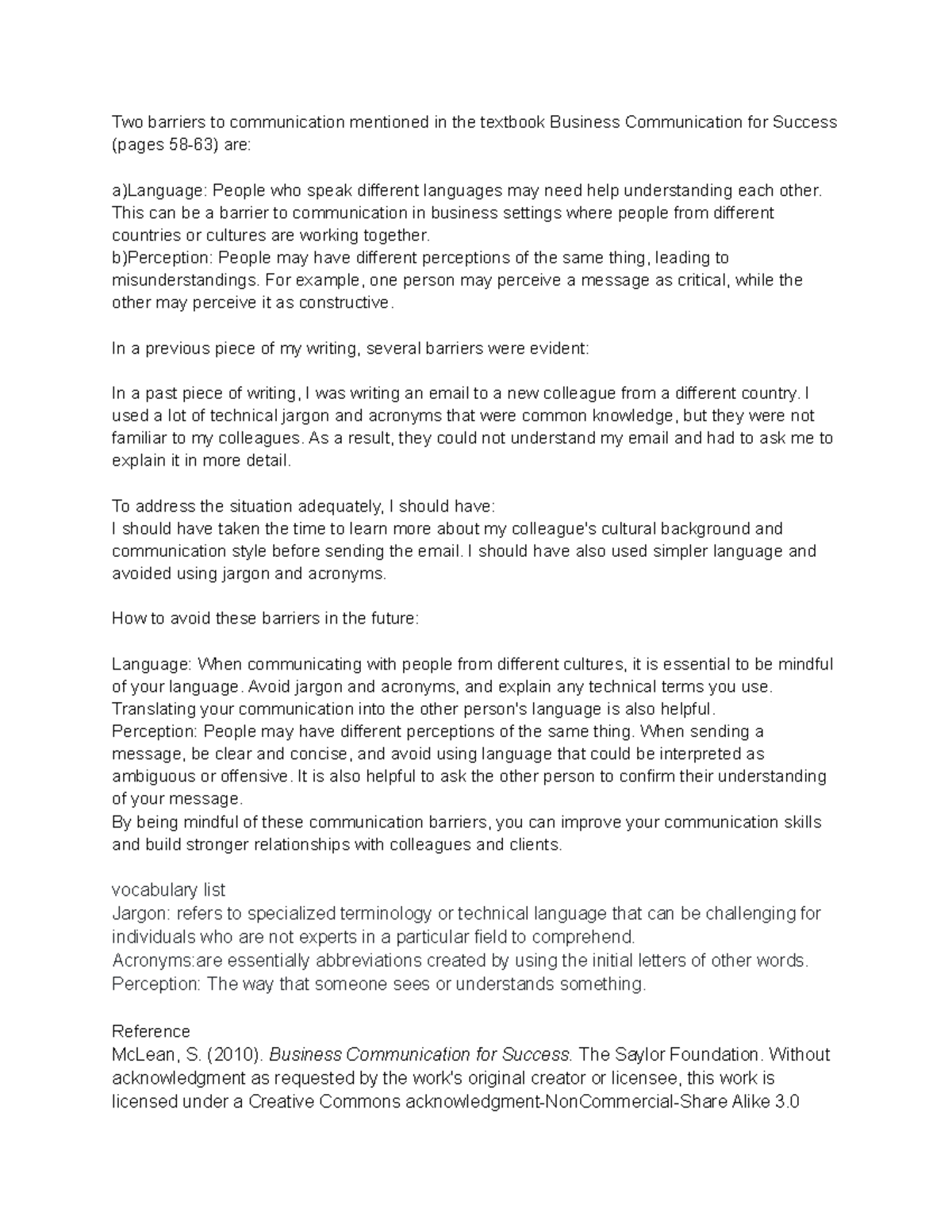 BUS 1105 Learning Journal Unit 3 - Two barriers to communication ...