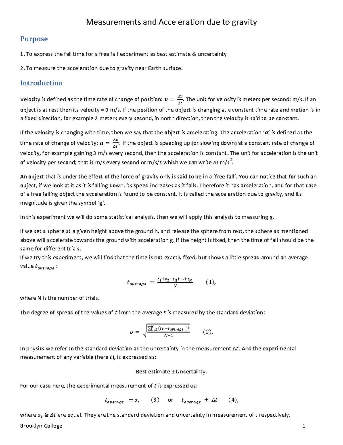 Lab 2 Measurements and Acceleration of Gravity - Measurements and ...