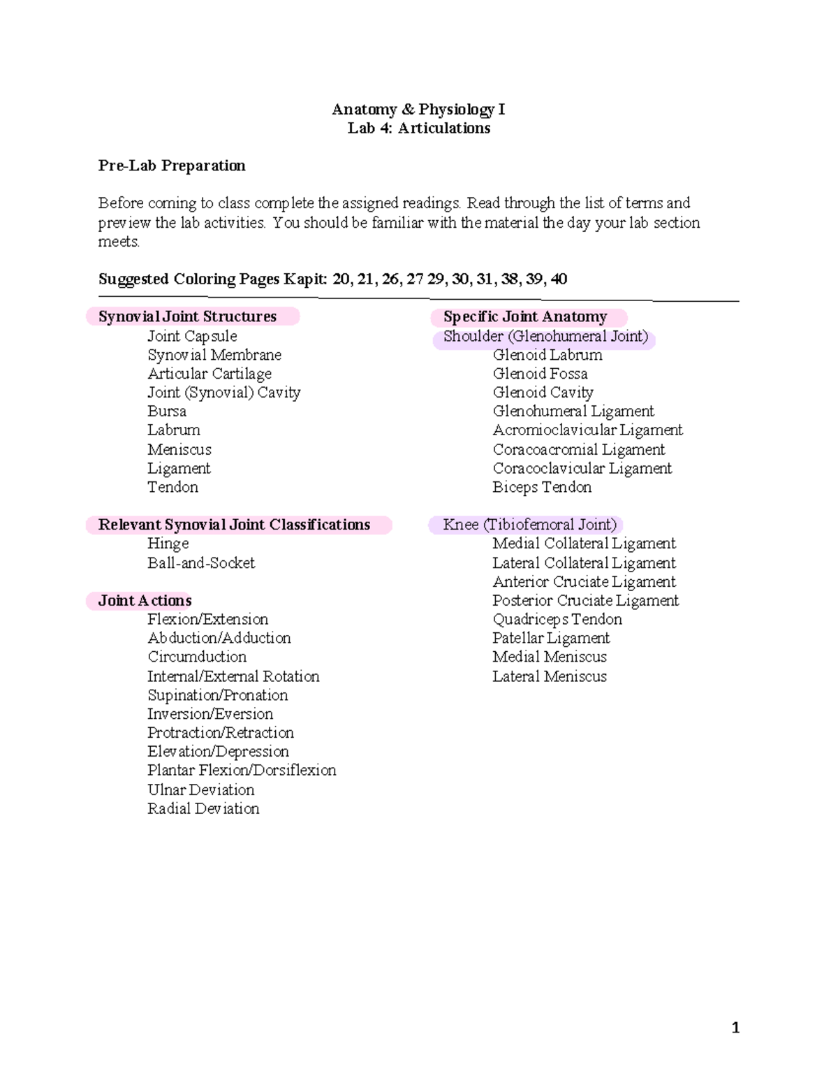 Lab+4+Packet+Articulations - Anatomy & Physiology I Lab 4: Articulations Pre-Lab Preparation ...