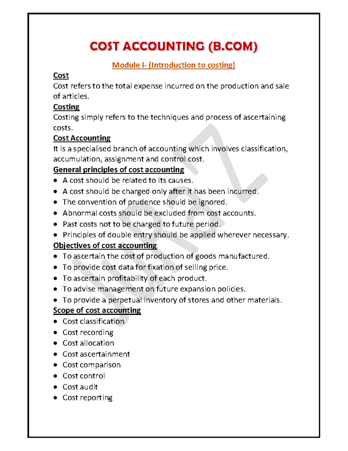 Cost Accounting Bcom Module I Module I Introduction To Costing