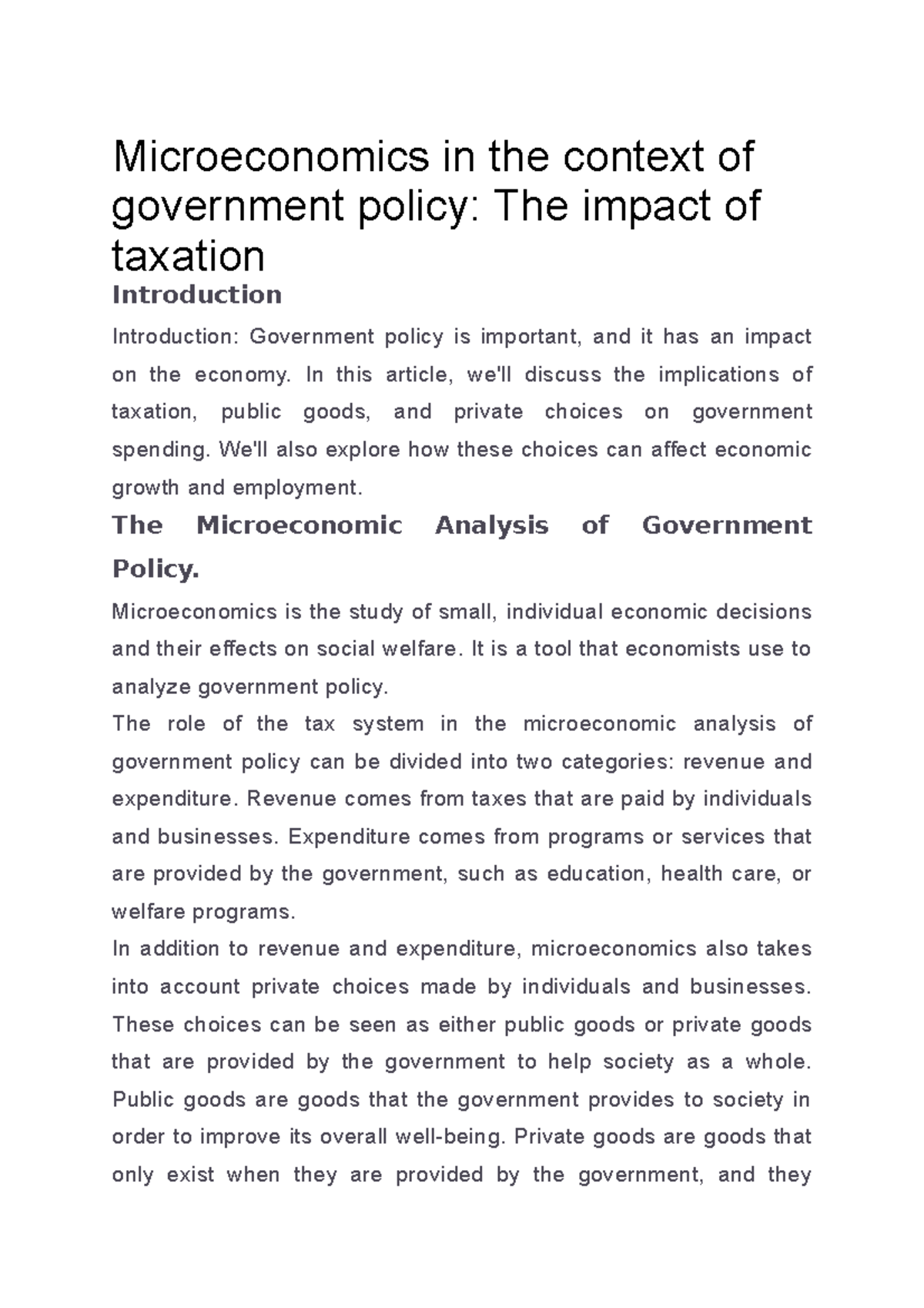 Microeconomics in the context of government policy The impact of ...