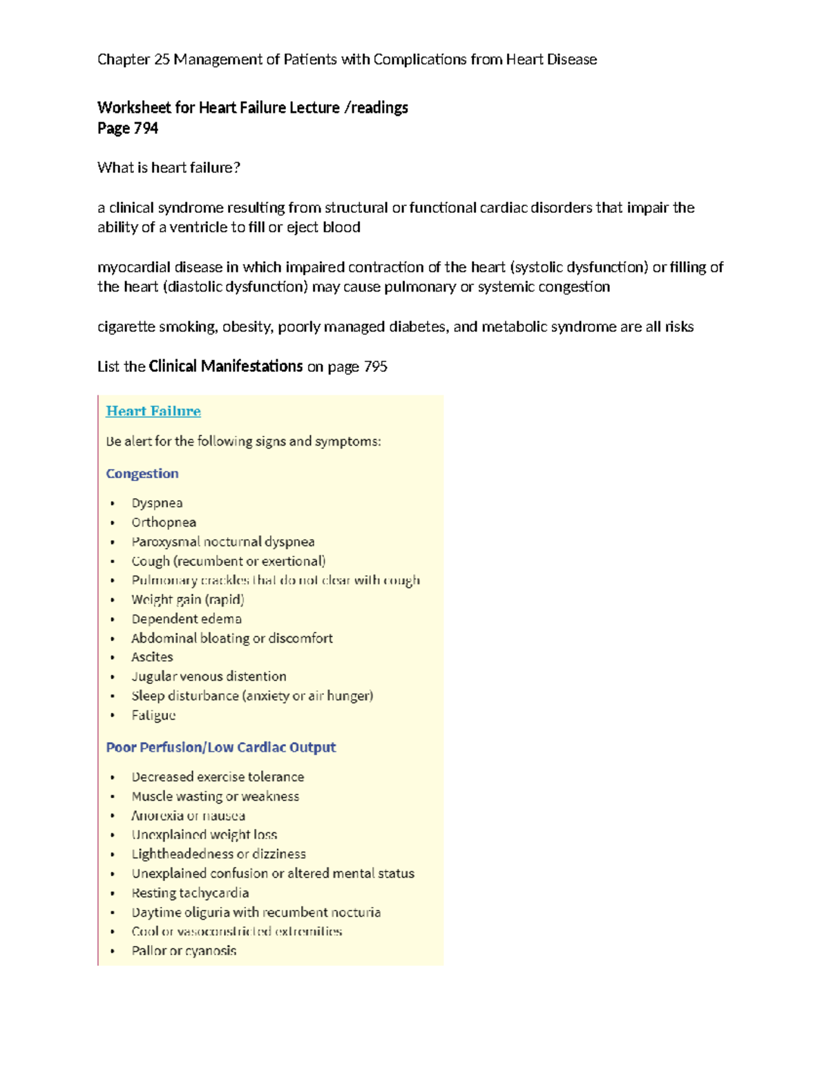 Chap. 25 HF - Lecture notes - Worksheet for Heart Failure Lecture ...