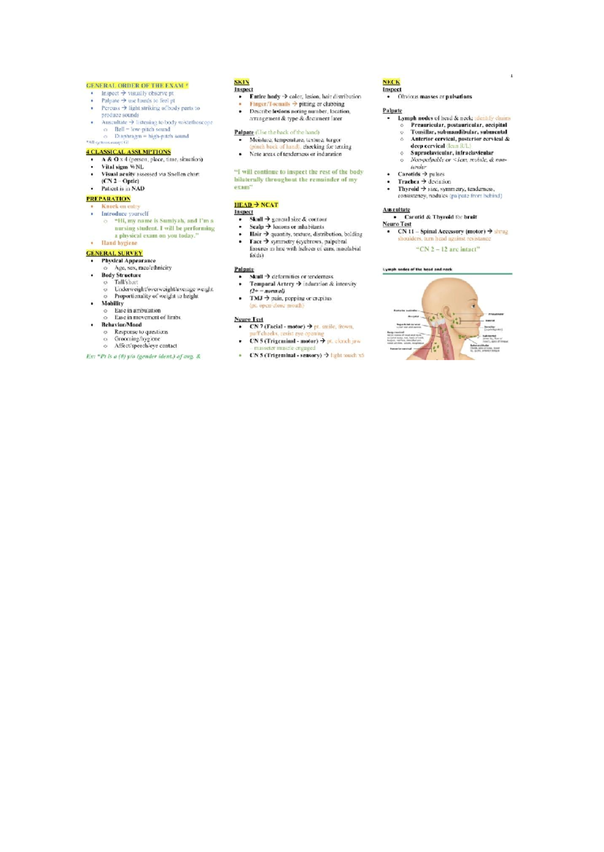 Assessment - Intro - 1 GENERAL ORDER OF THE EXAM SKIN NECK Inspect ...