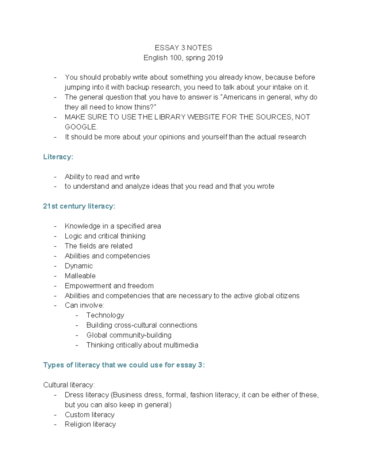 Essay 3 Notes ONLY - ESSAY 3 NOTES English 100, spring 2019 - You ...