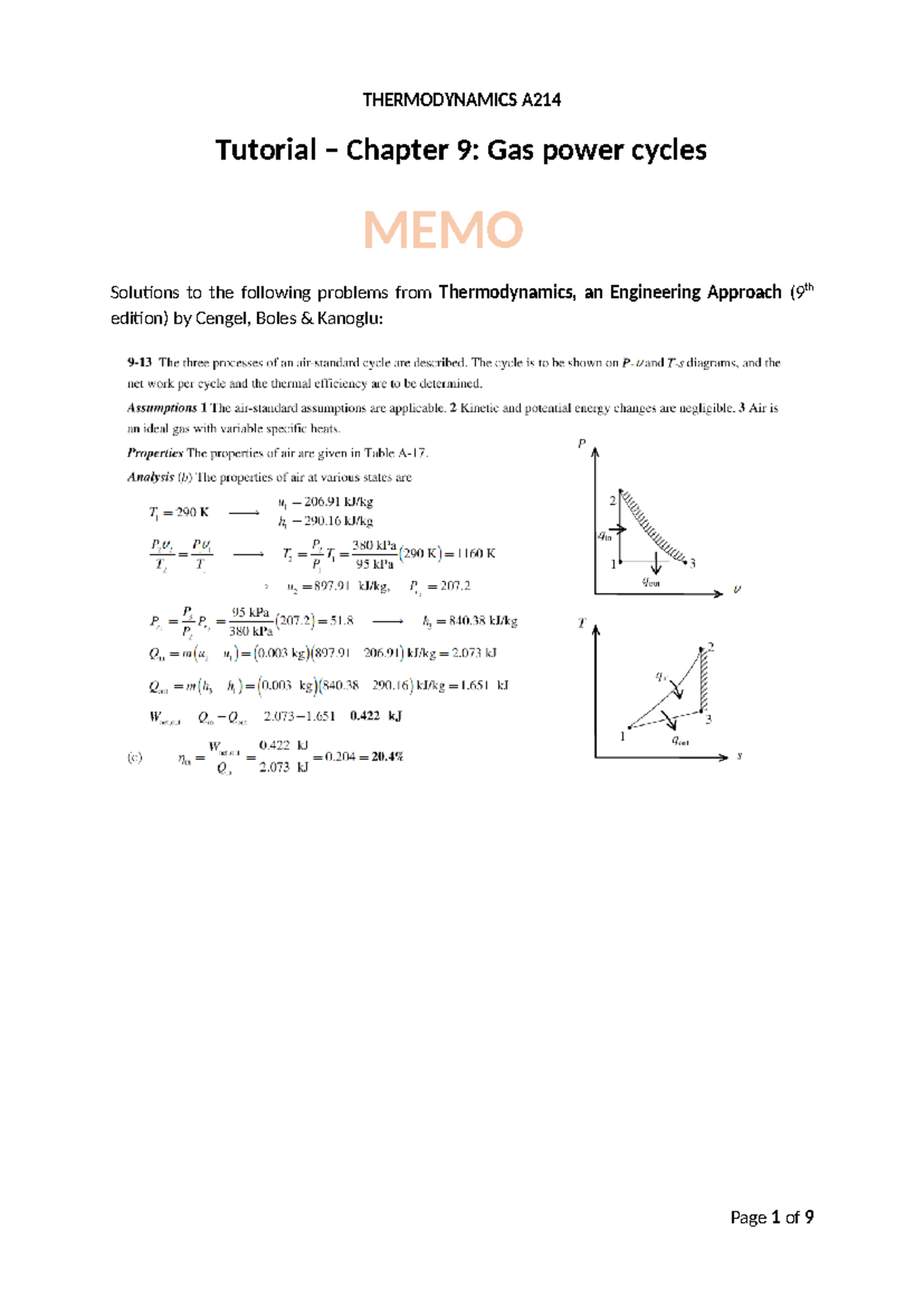 Tut Ch9 MEMO - Tut Memo - 33863 - THERMODYNAMICS A Tutorial – Chapter 9: Gas power cycles ...