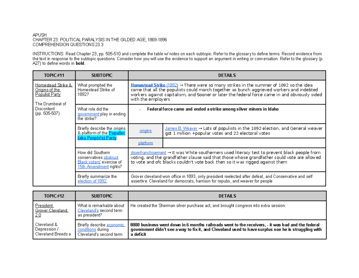 Comprehension Questions 23 - APUSH CHAPTER 23: POLITICAL PARALYSIS IN ...