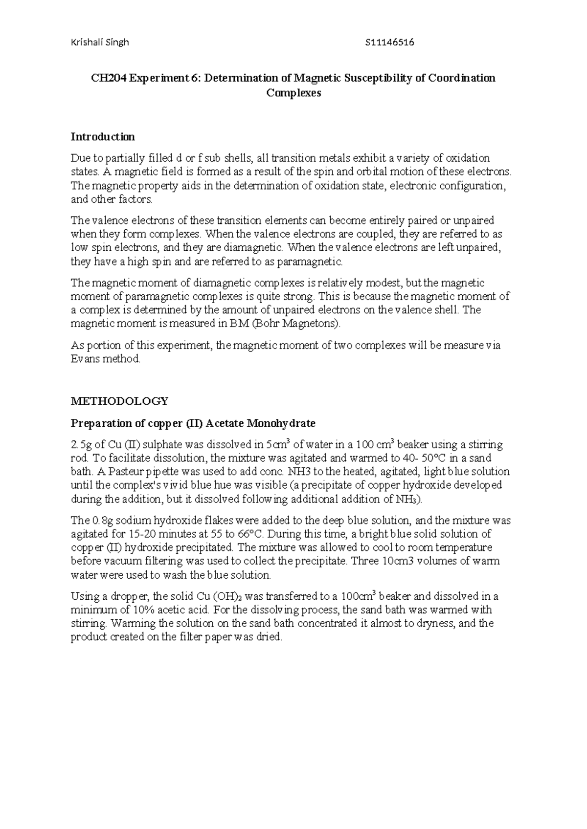 CH204 Experiment 6 Lab Data - CH204 Experiment 6: Determination of Magnetic Susceptibility of ...