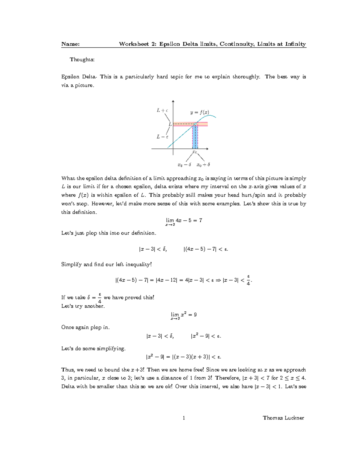 Worksheet 2 - Worked examples - Name: Worksheet 2: Epsilon Delta limits ...