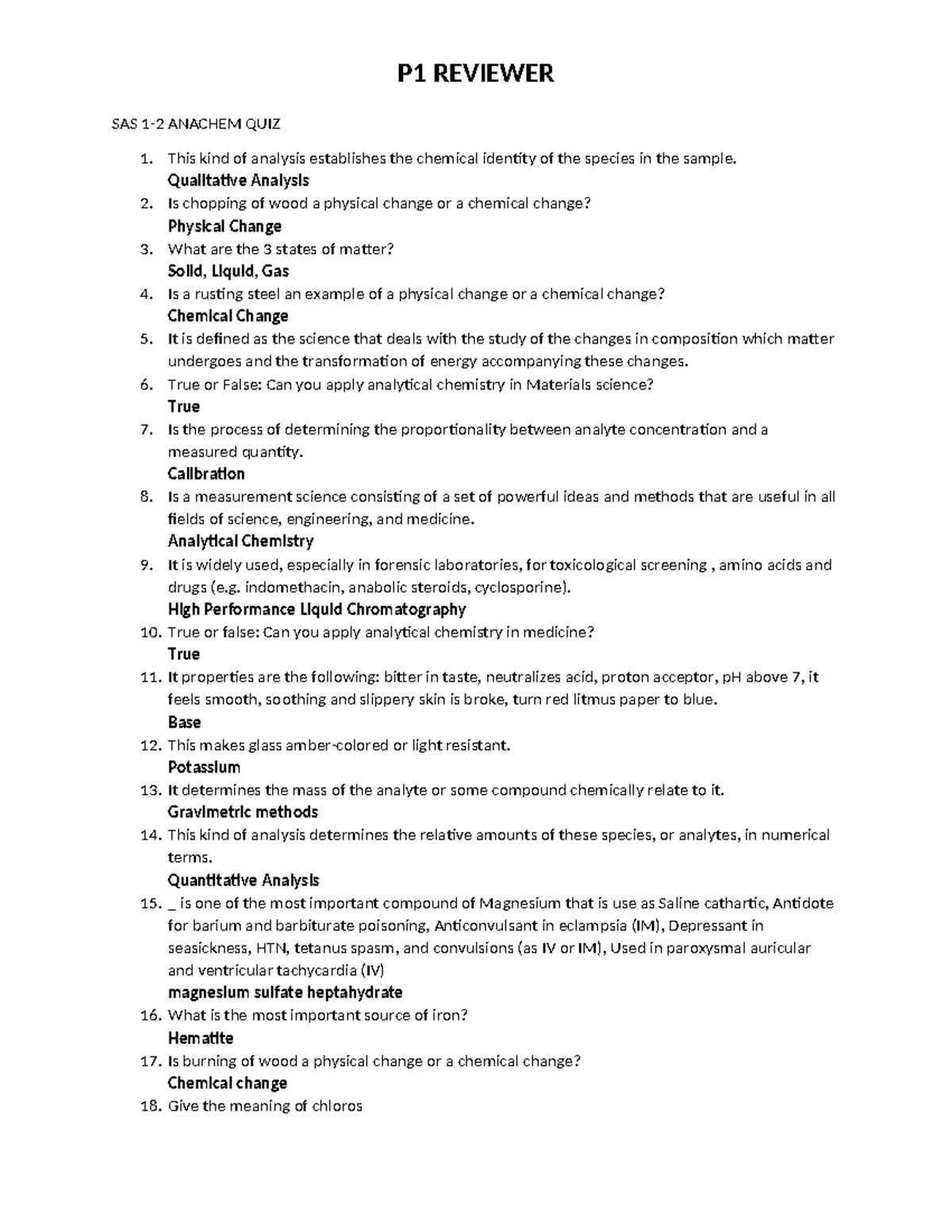 P1 Reviewer - CHE 026 - P1 REVIEWER SAS 1-2 ANACHEM QUIZ 1. This kind of analysis establishes ...