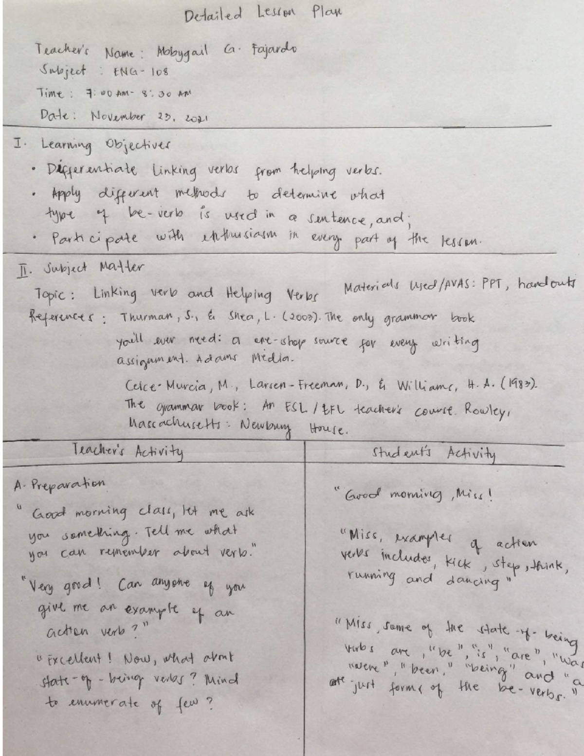 ENG 108 Lesson PLAN - Sample - Bachelor Of elementary education - Studocu