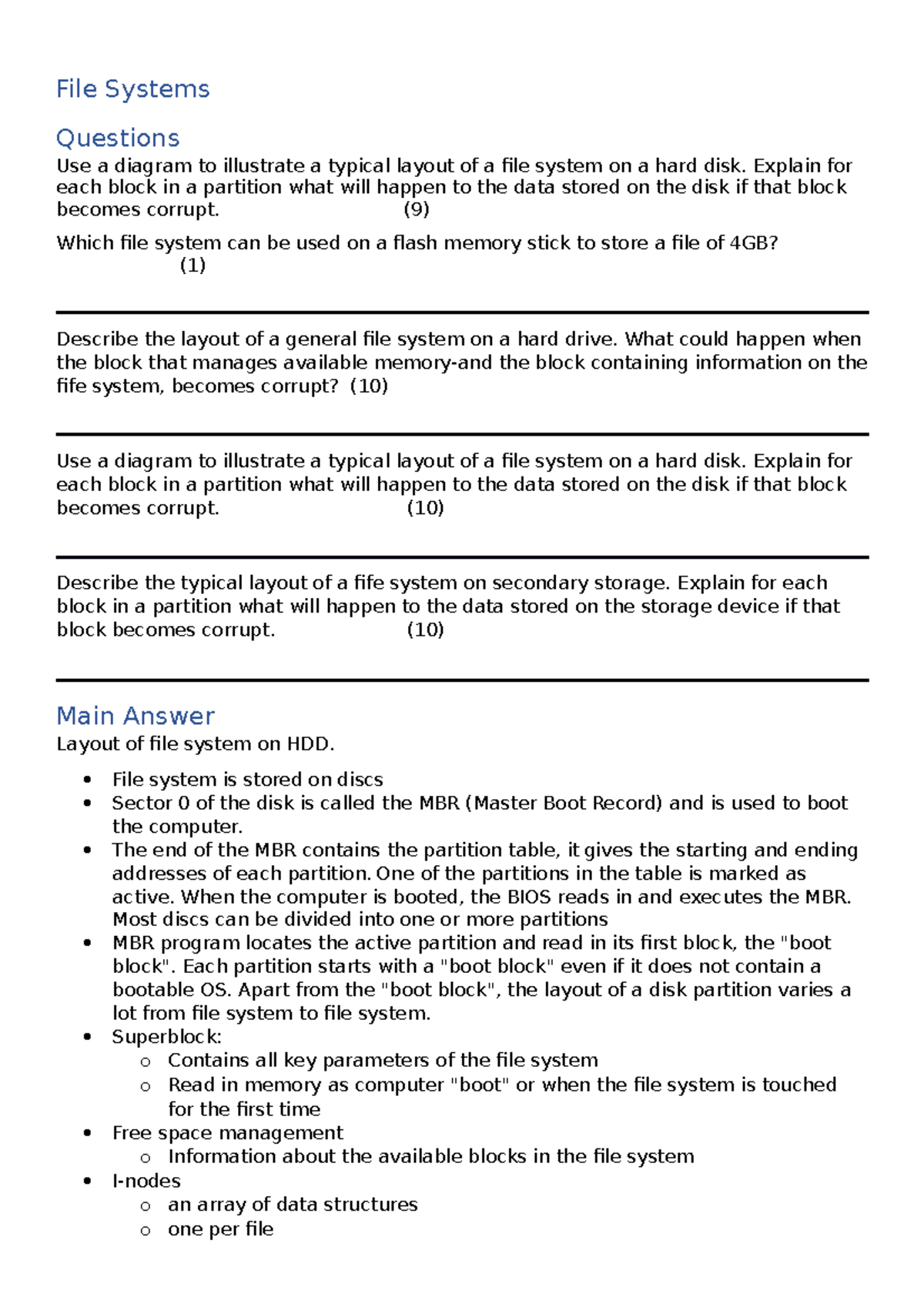 File Systems - File Systems Questions Use a diagram to illustrate a ...