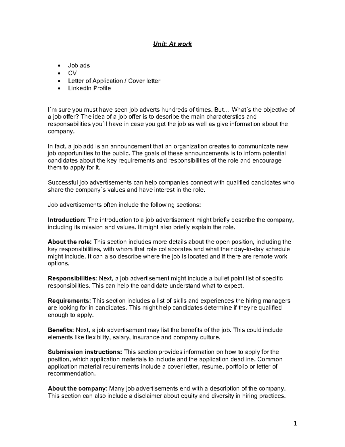 Unit At work - Actividad para elaborar un CV - Unit: At work Job ads CV ...