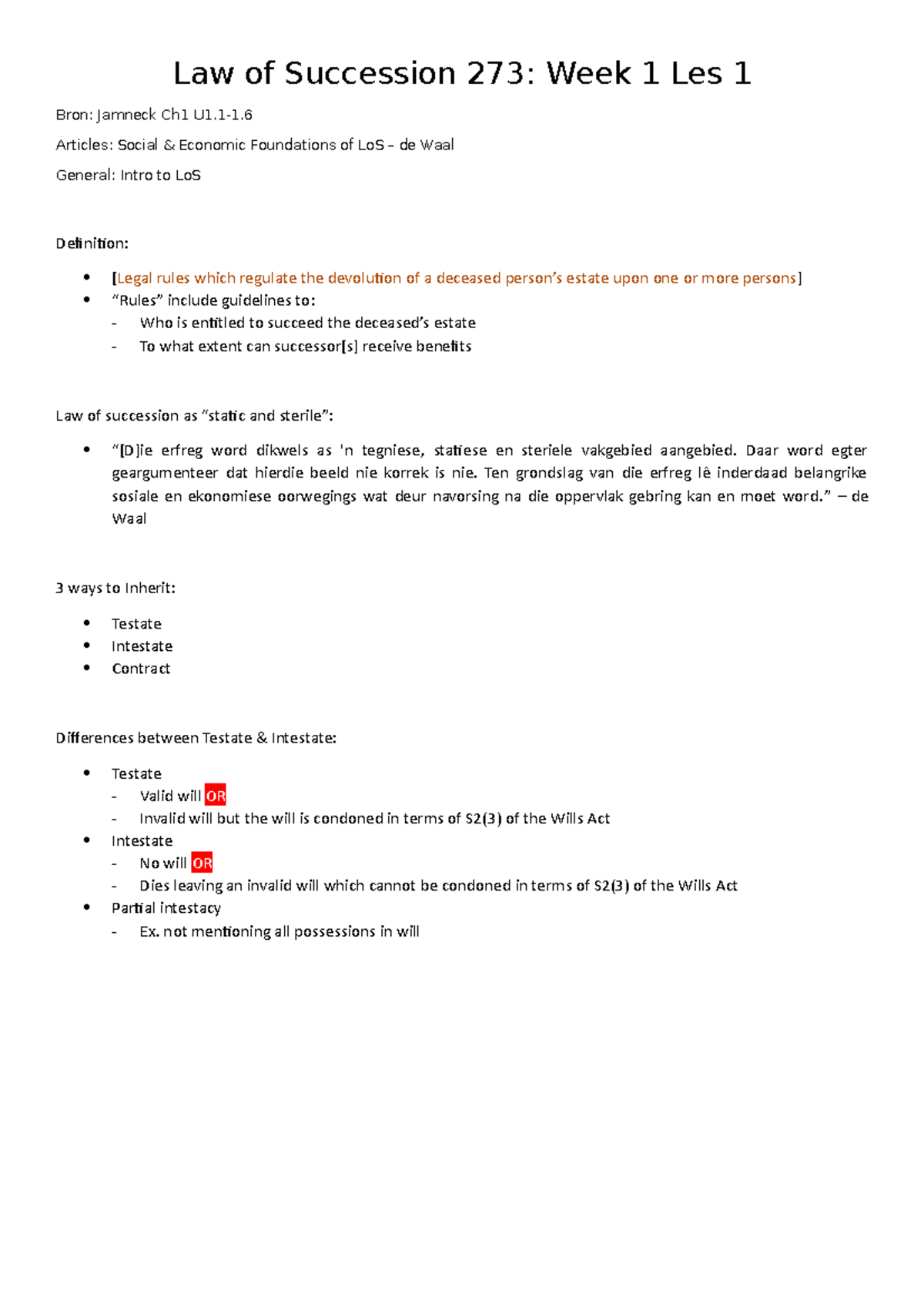 Semester 1 Notes - Law of Succession 273: Week 1 Les 1 Bron: Jamneck ...