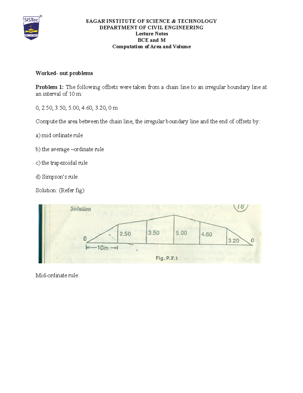 Area and volume numericals - DEPARTMENT OF CIVIL ENGINEERING Lecture ...