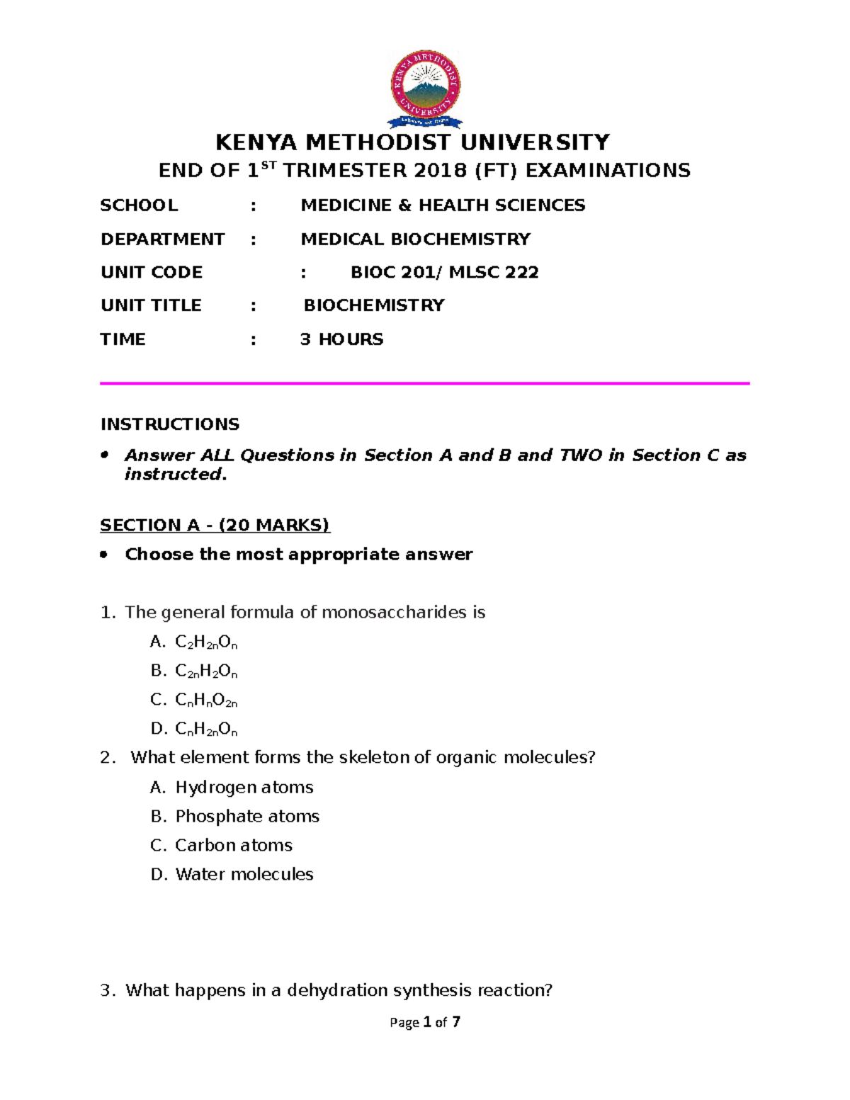 Questions on the unit titled Biochemistry - KENYA METHODIST UNIVERSITY ...