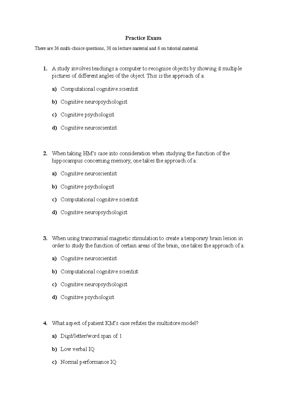 Cogs Practice Exam - Practice Exam There are 36 multi-choice questions ...
