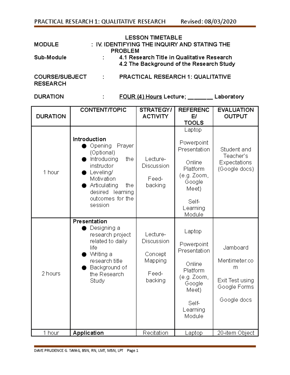 Module 4 Research Title in Qualitative Research - LESSON TIMETABLE ...