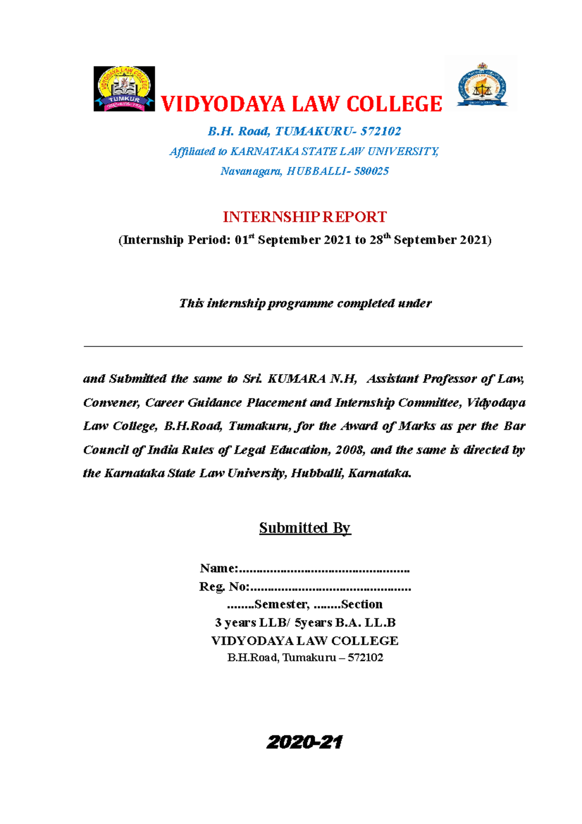 Internship Front Pages - VIDYODAYA LAW COLLEGE B. Road, TUMAKURU ...