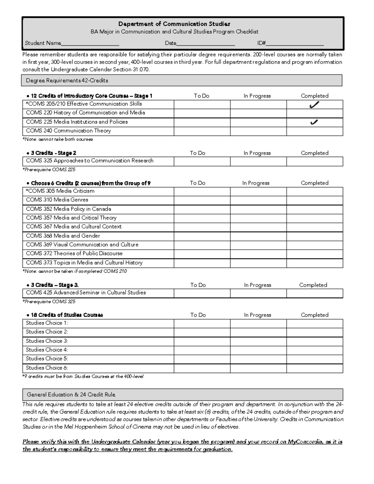 BA Major CCS Checklist copy - Please remember students are responsible ...