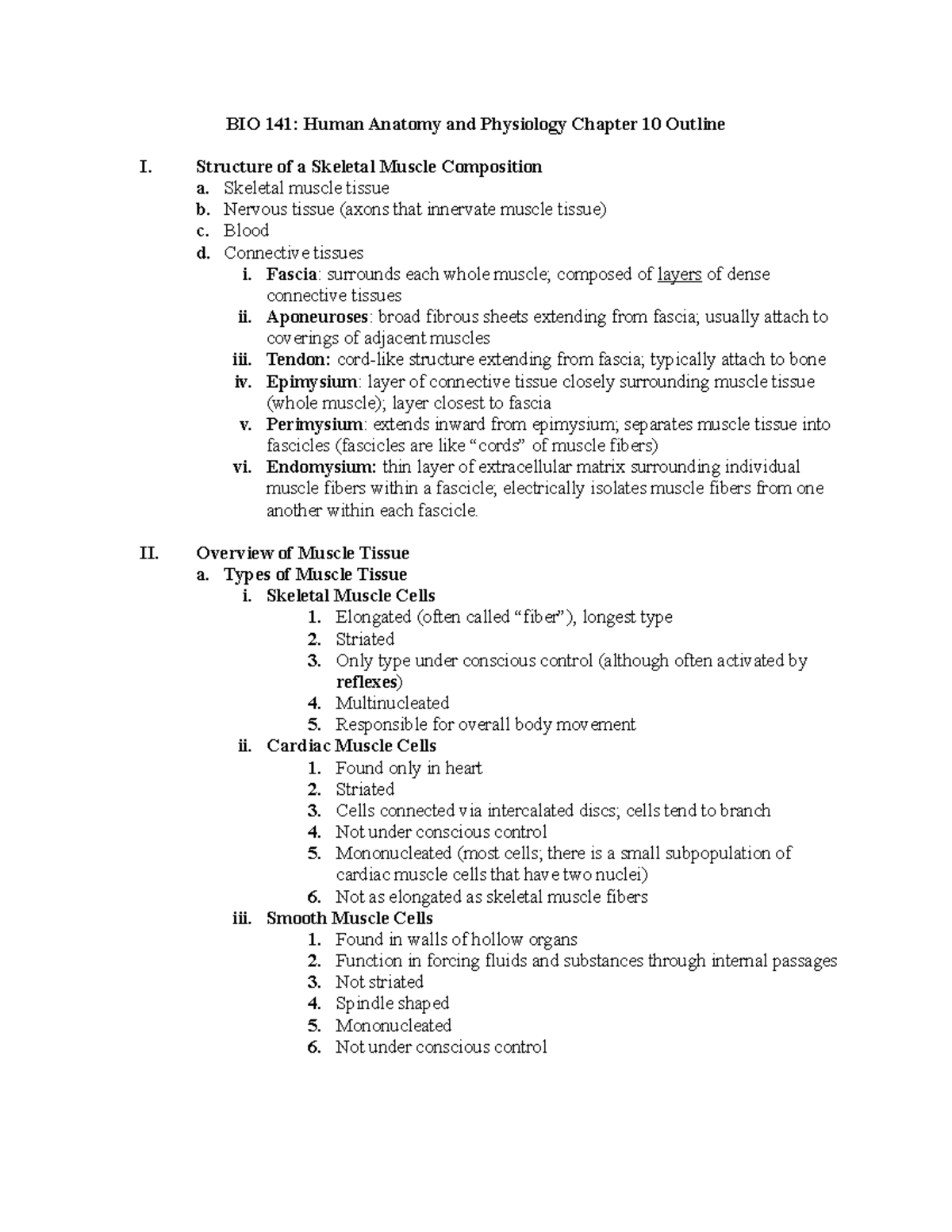 Bio141Chapter 10outline Fall2022 - BIO 141: Human Anatomy and ...