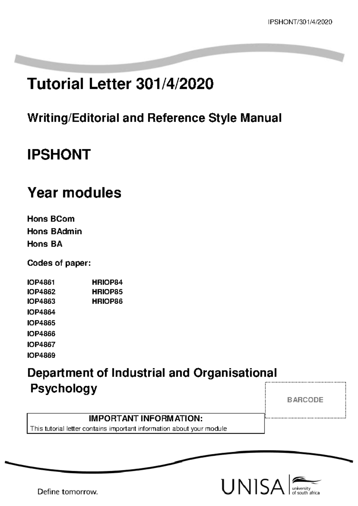 Ipshont 301 4 2020 B - Tutorial 301 - Tutorial Letter and Reference ...