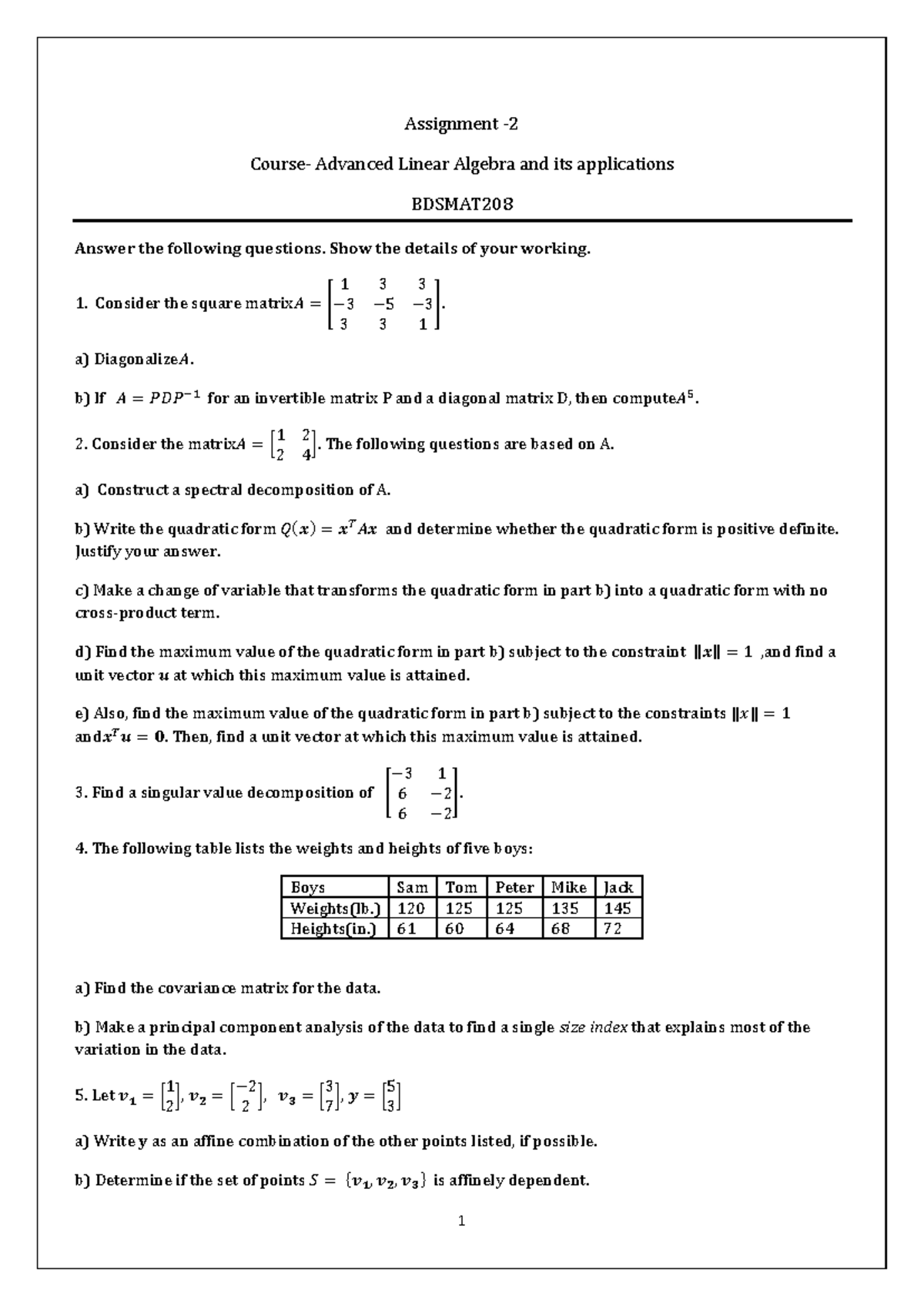 Assignment 2 - Linear Algebra - 1 Assignment - Course- Advanced Linear ...