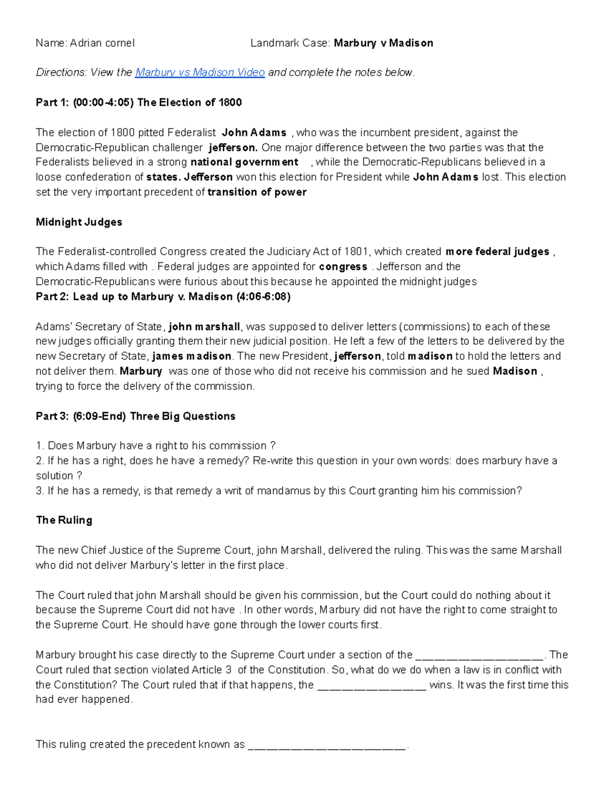 Copy of Marbury v Madison Video Notes - Name: Adrian cornel Landmark ...
