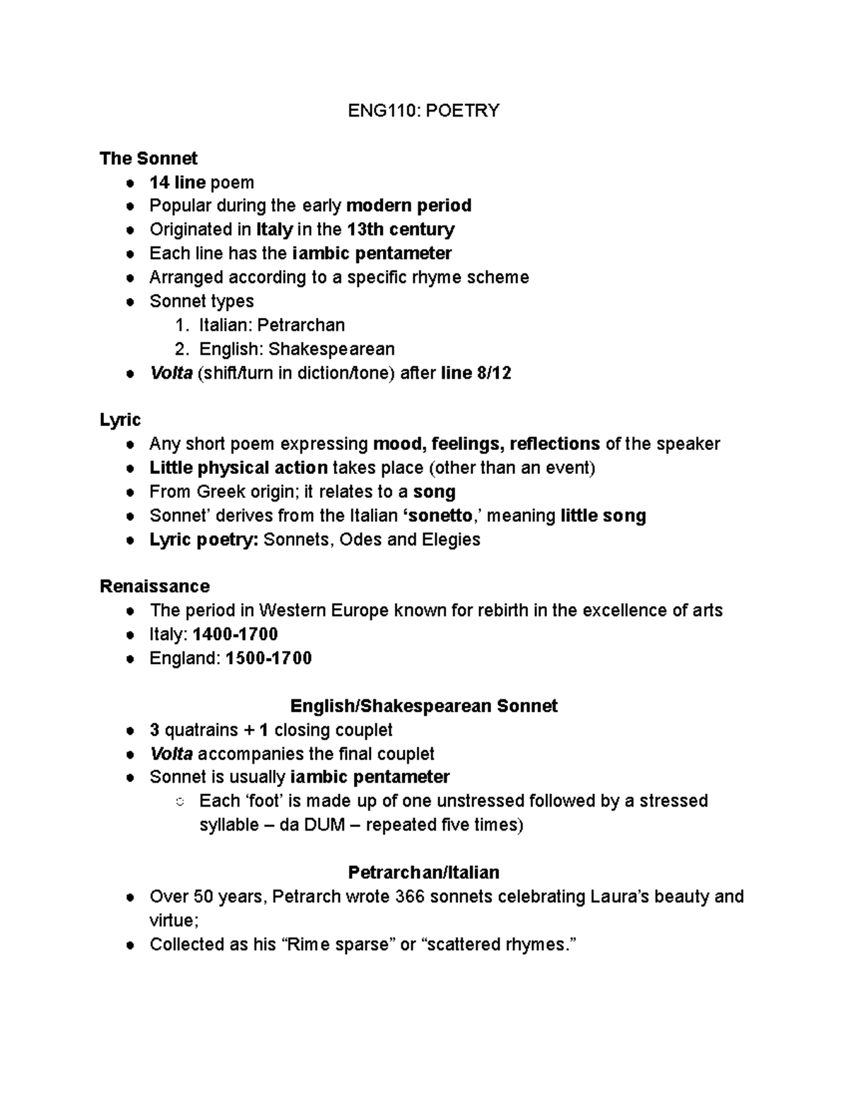 ENG110 Poetry - ENG110: POETRY The Sonnet 14 line poem Popular during ...