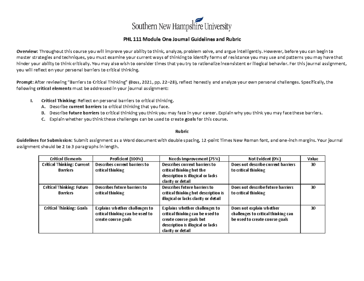 PHL 111 Module One Journal Guidelines and Rubric - However, before you ...