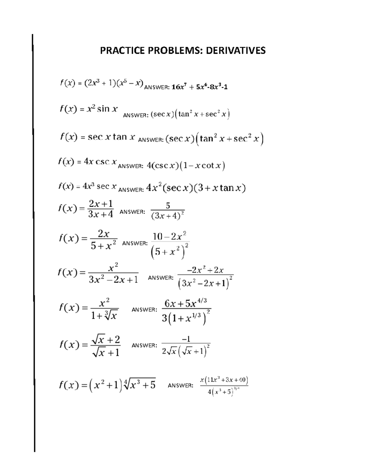 Practice Problem Derivatives - Mechanical Engineering - PRACTICE ...