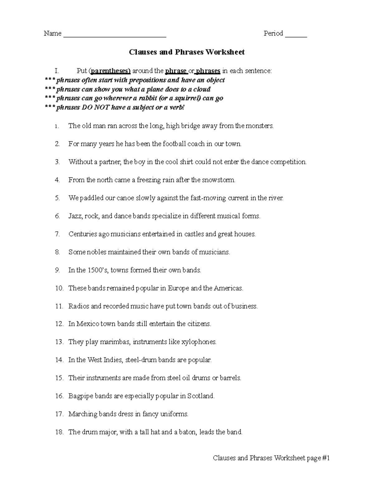 Clausesandphrasesworksheetmixedpractice - Name ...