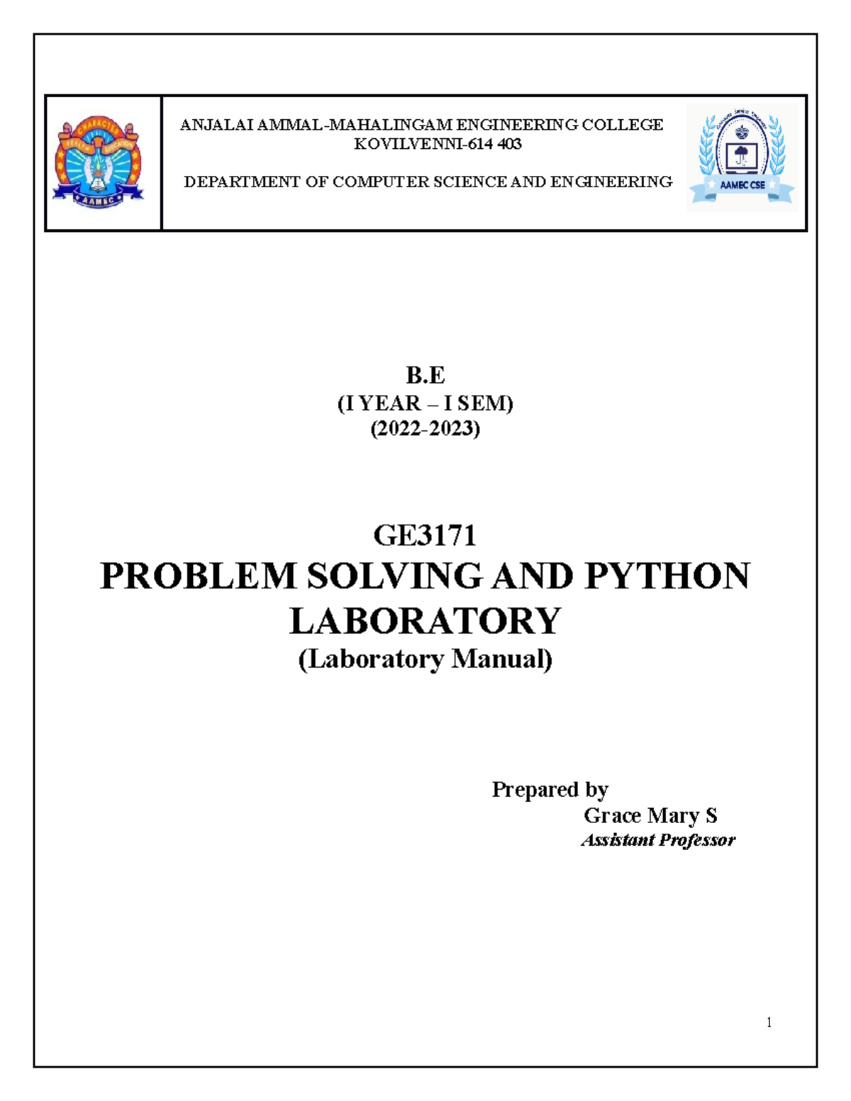 Lab manual 22 - GE3171 - ANJALAI AMMAL-MAHALINGAM ENGINEERING COLLEGE KOVILVENNI-614 403 ...