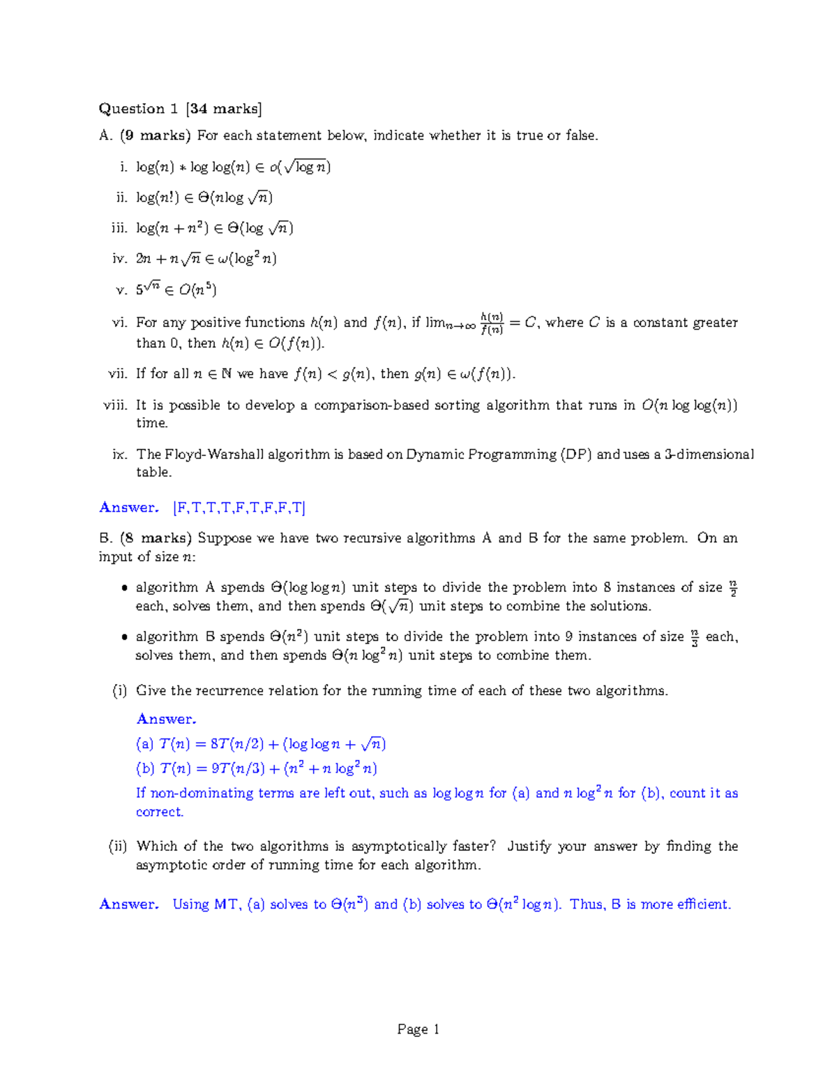 Final exam winter 2021 - Question 1 [34 marks] A. (9 marks) For each ...