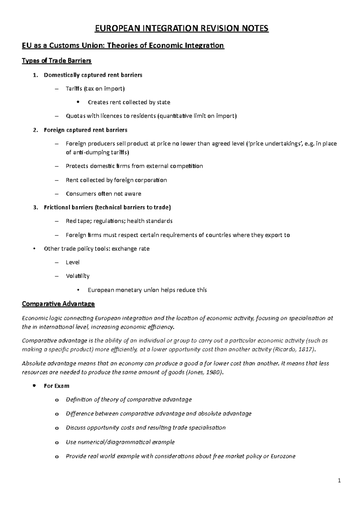 European Integration Revision Notes - Lecture notes, lectures 3 - 4, 8 ...