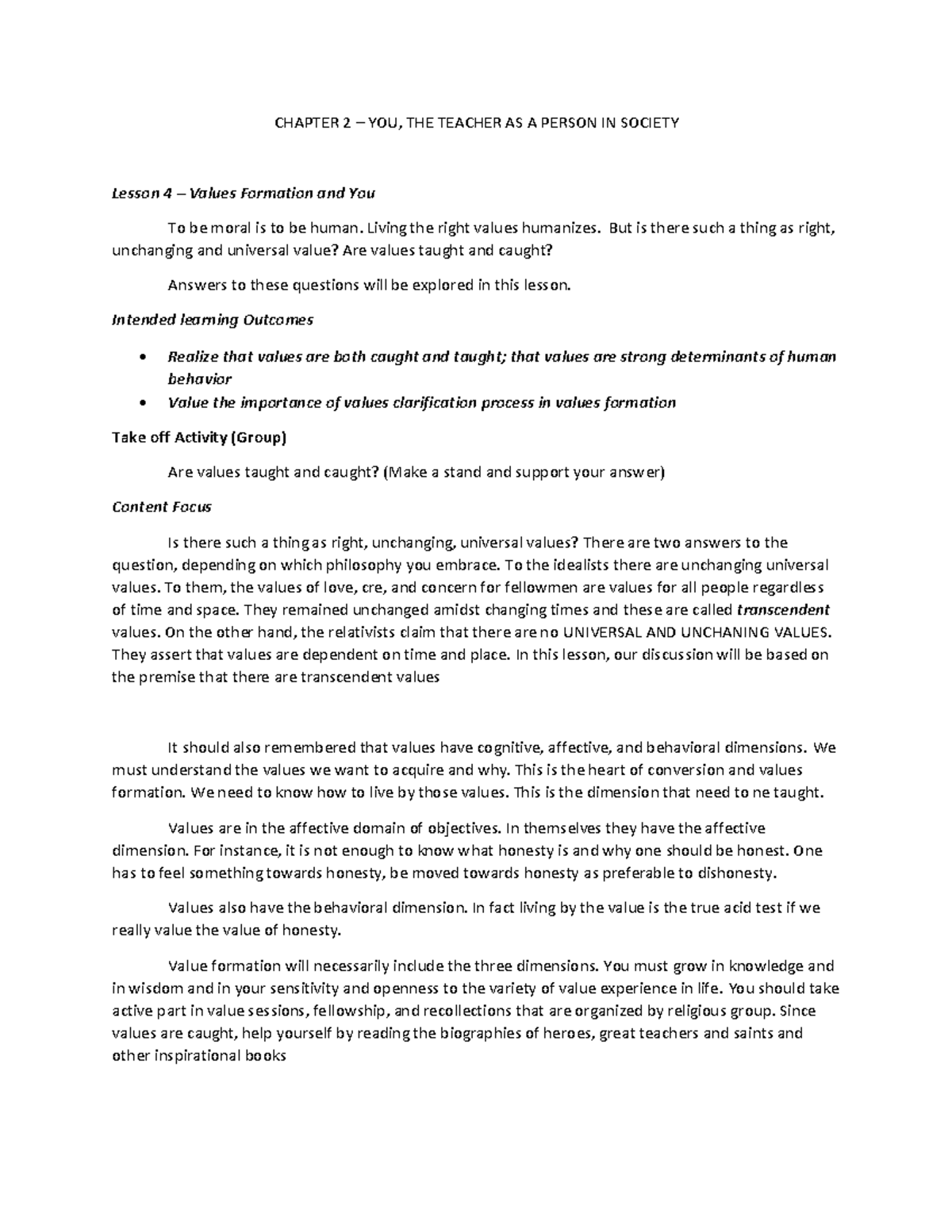 Chapter 2 - Lesson 4 Values Formation and You - CHAPTER 2 – YOU, THE ...