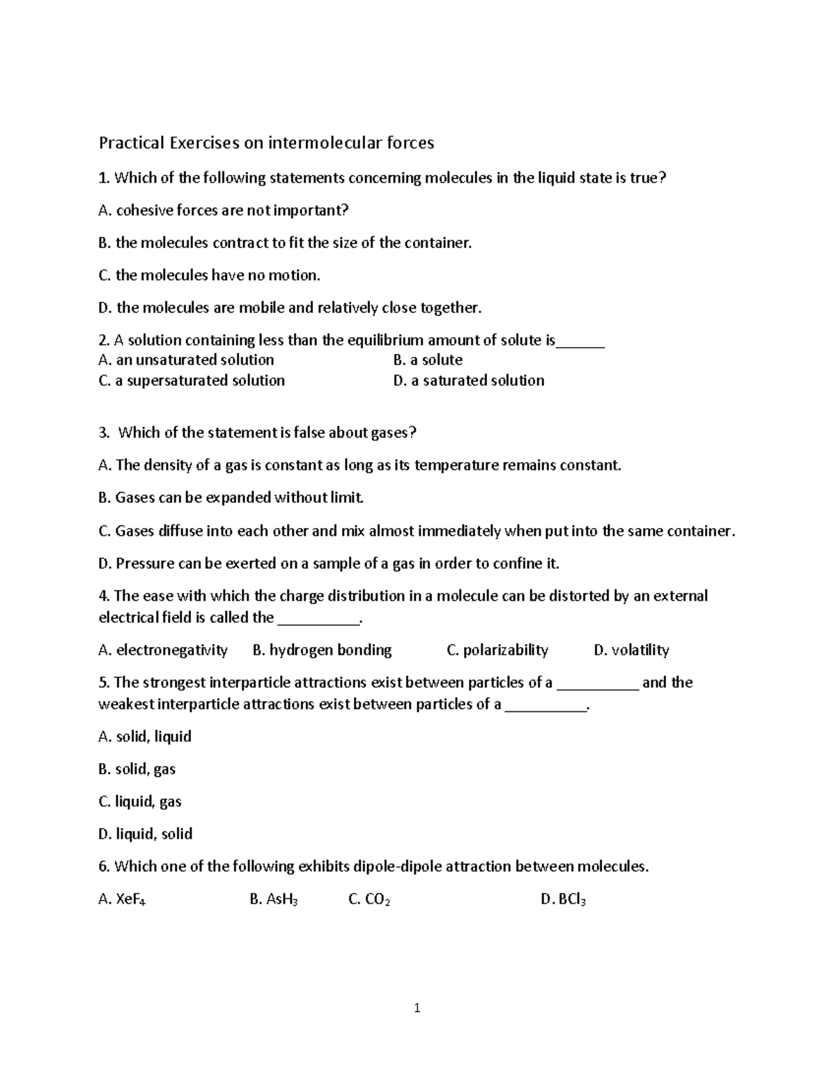 Practical Exercices on Intermolecular Forces - 1 Practical Exercises on ...