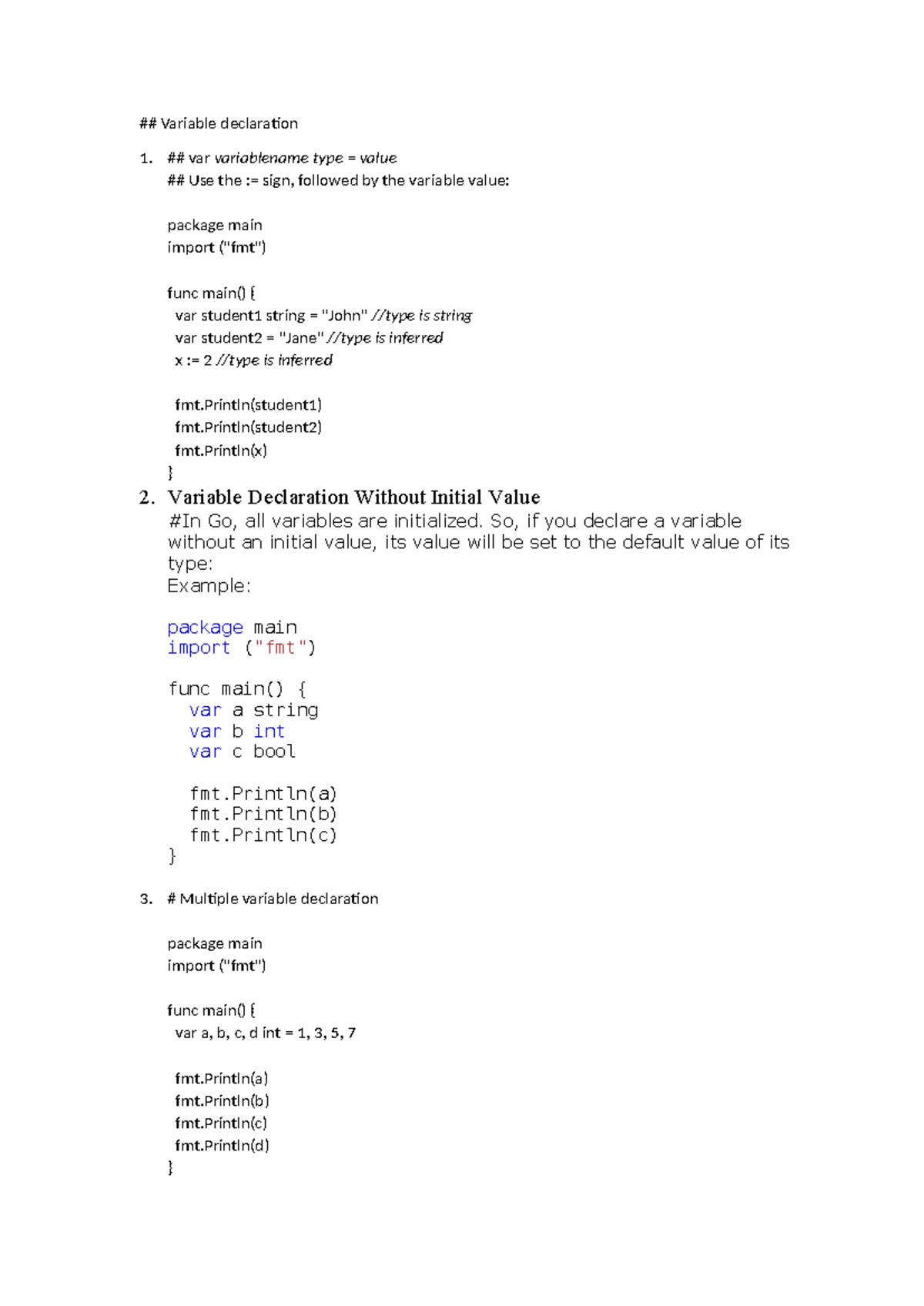 Go Lab Experiments Variable Declaration 1 Var Variablename Type Value Use The