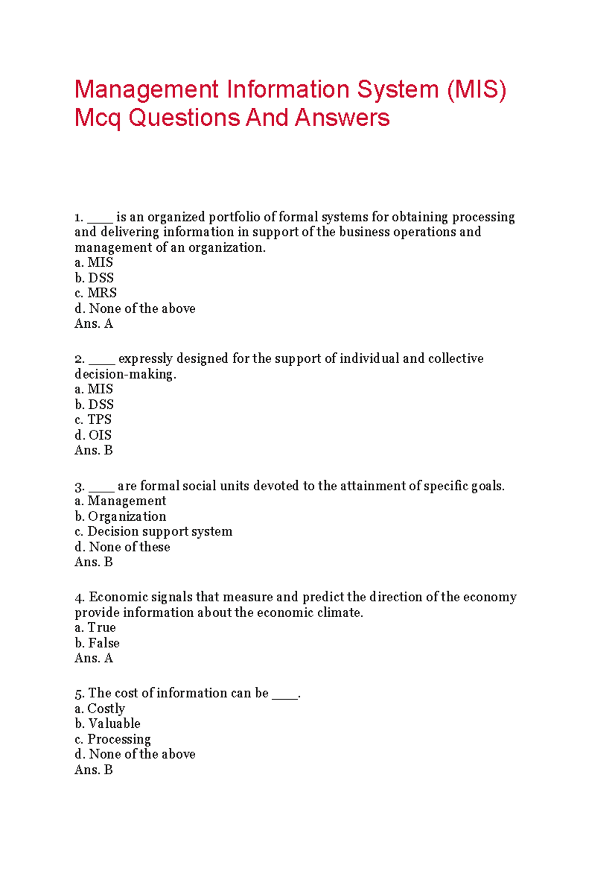 Management Information System (MIS) Mcq Questions And Answers - a. MIS ...