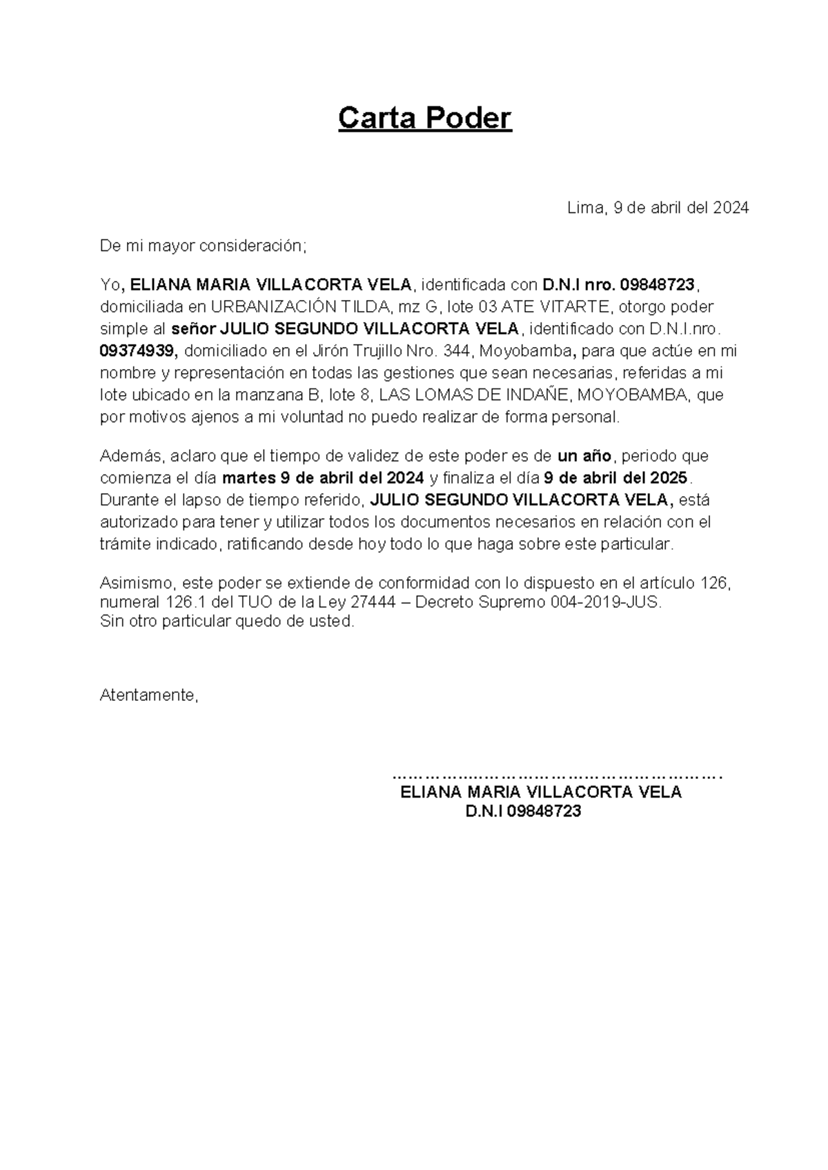 Carta Poder Simple en Word - Carta Poder Lima, 9 de abril del 2024 De ...