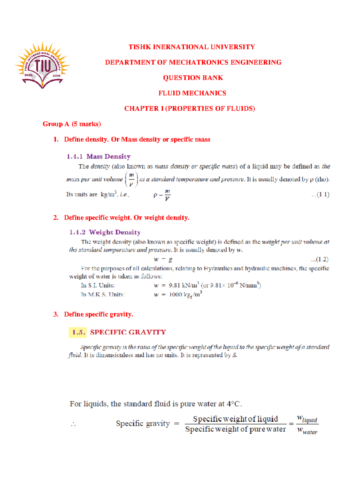 Fluid Mechanics question Bank - TISHK INERNATIONAL UNIVERSITY ...