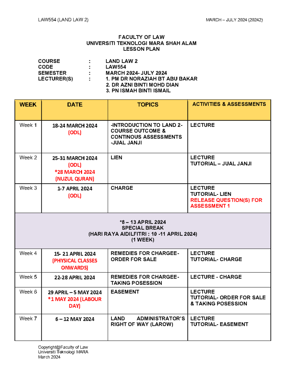 Lesson PLAN.LAW 554 MAC 2024docx - LAW554 (LAND LAW 2) MARCH – JULY ...